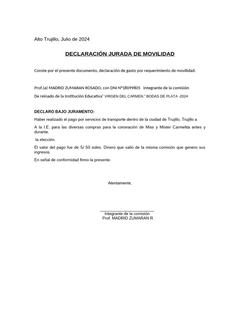 Modelo de Declaracion Jurada.movilidad | PDF