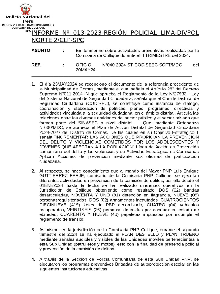 Informe #013 Informe Sobre Acciones Preventivas Codisec 2024 | PDF