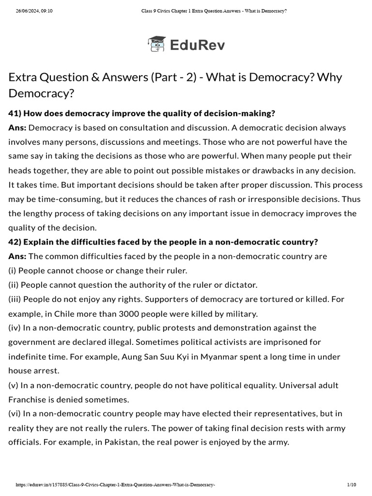 Class 9 Civics Chapter 1 Extra Question Answers - What Is Democracy ...