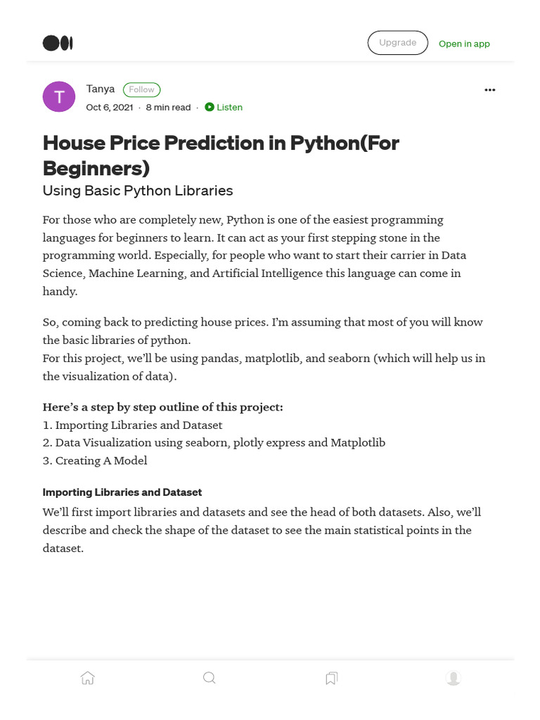 House Price Prediction in Python (For Beginners) - by Tanya - Medium | PDF