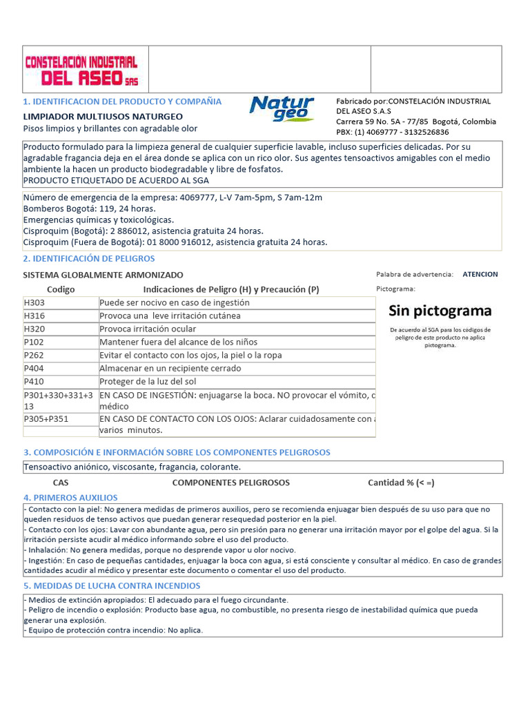 Pd-pg-002-50 Msds Limpiador Multiusos Natur Geo v5 | PDF
