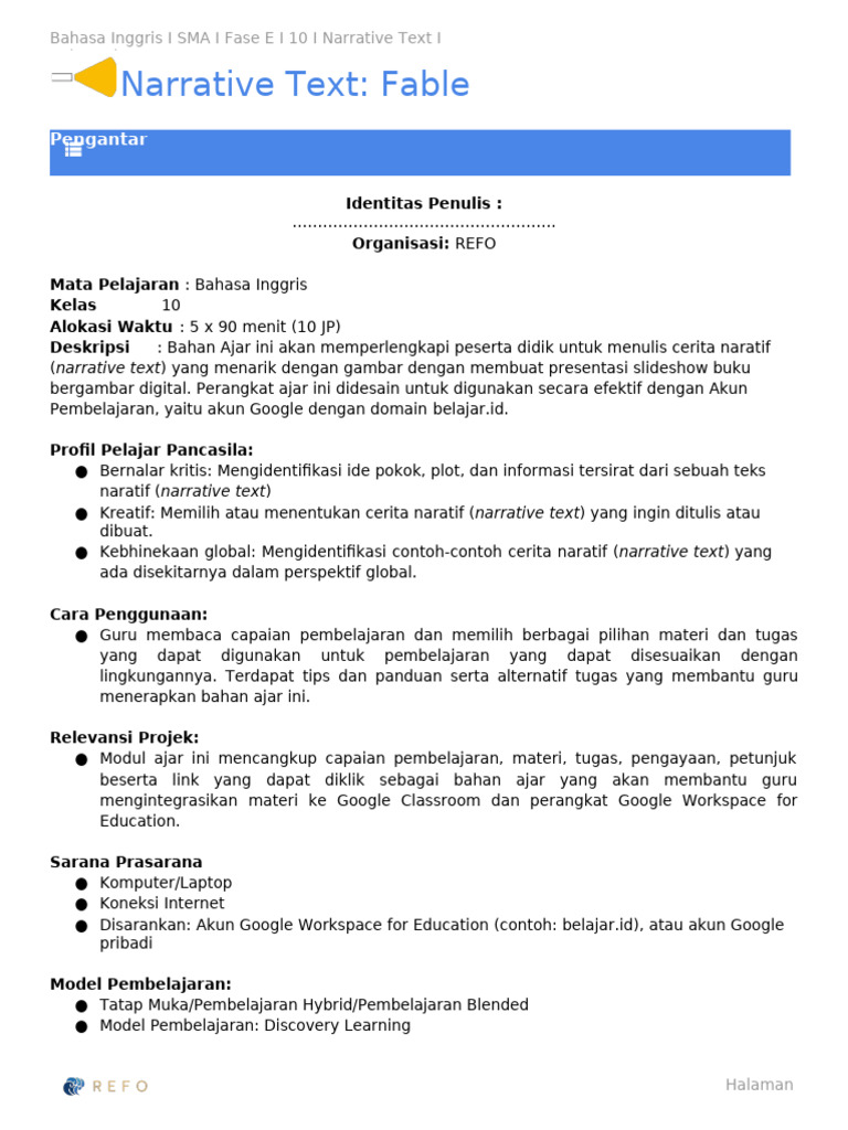 Bahasa Inggris - Bahan Ajar - 10 - Narrative Text - Fable Lain | PDF