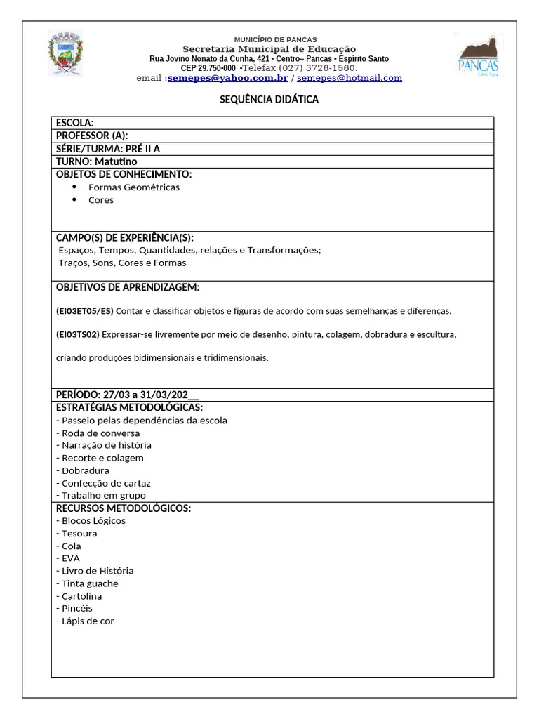 Modelo de Sequência Didática Preenchida 2023 | PDF