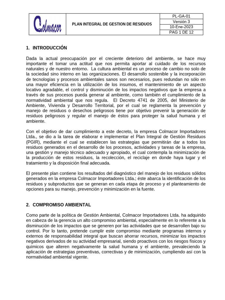 PL-GA-01 Plan de Gestion Integral de Residuos | PDF