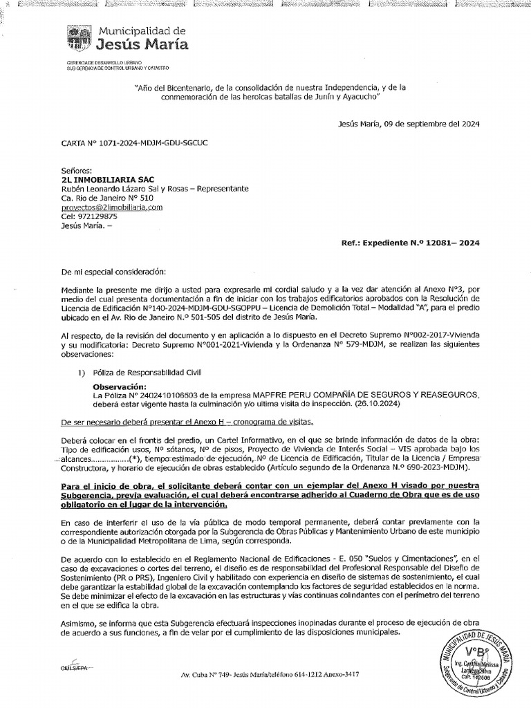 Carta N°1071-2024-Mdjm-Gdu-Sgcuc 2L Inmobiliaria Sac | PDF
