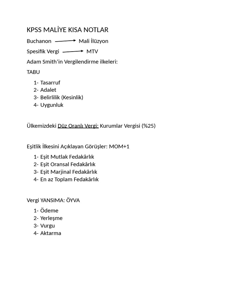 KPSS Mali̇ye Kisa Notlar | PDF