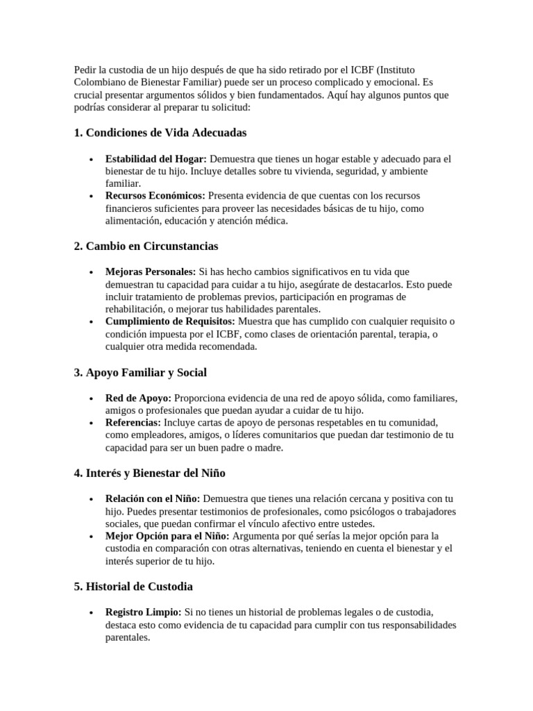 Pedir La Custodia de Un Hijo Después de Que Ha Sido Retirado Por El ICBF | PDF