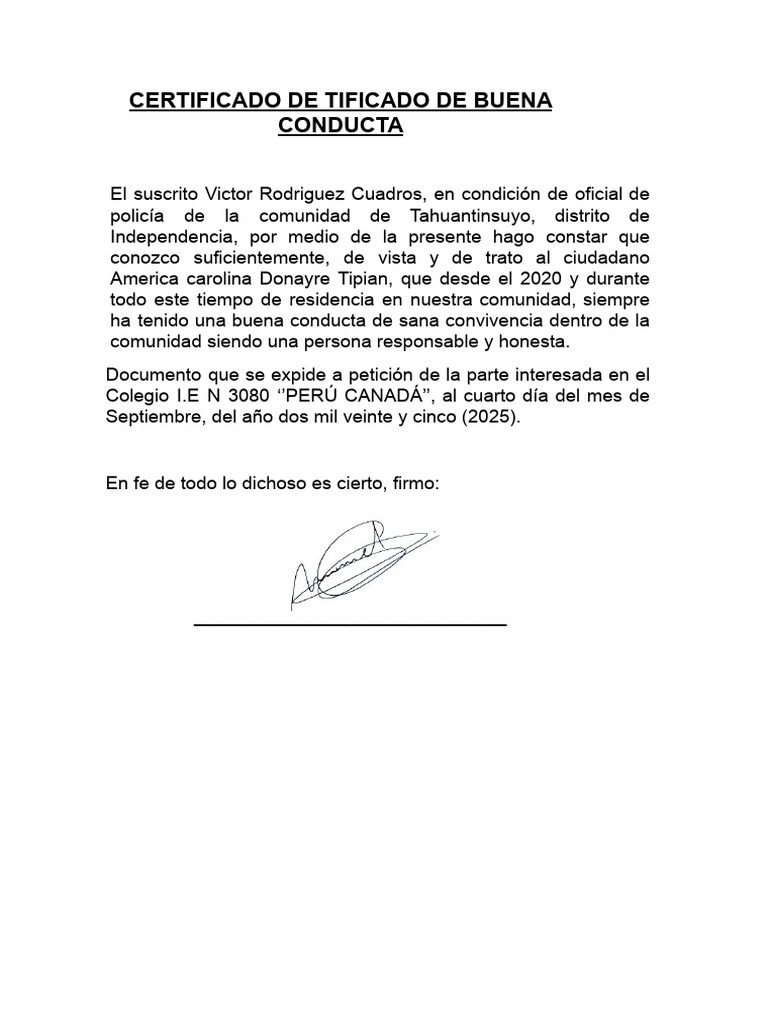 Certificado de Buena Conducta - America Donayre | PDF