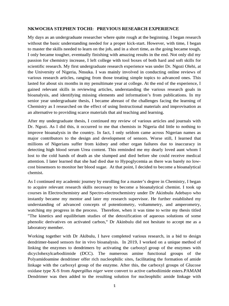 Nkwocha Stephen Previous Research Experience | PDF