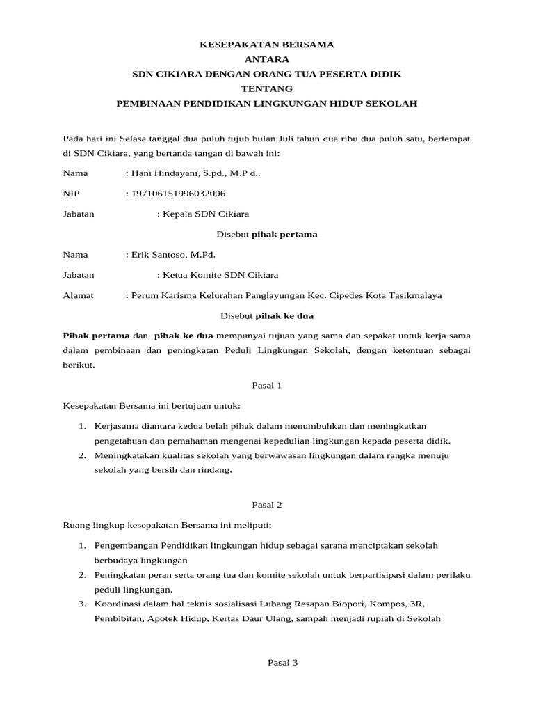 Dokumen Kerja Sama Sekolah Dengan Orang Tua | PDF