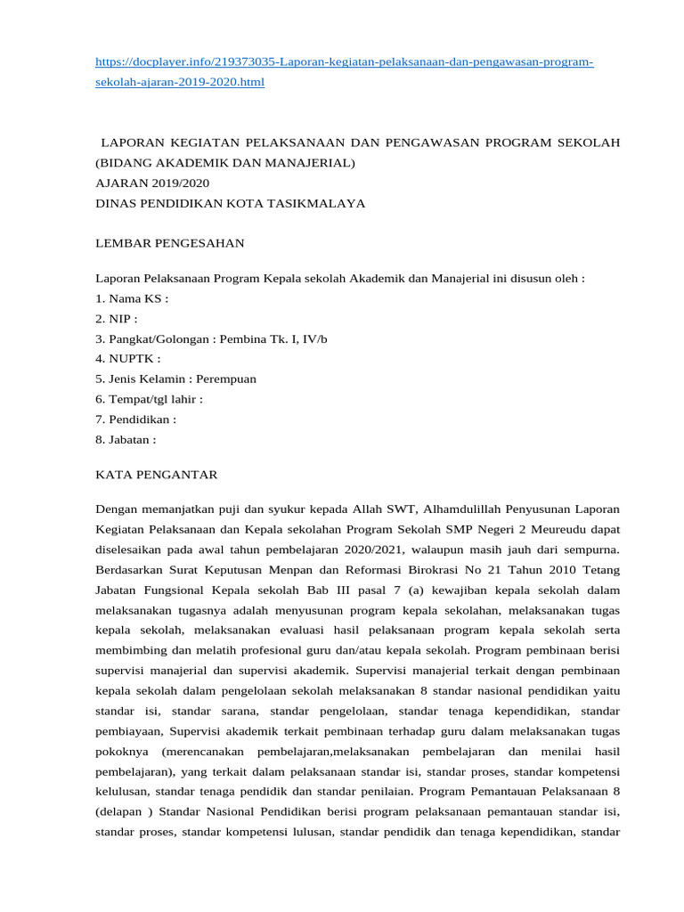 31.1. Laporan Kegiatan Pelaksanaan Dan Pengawasan Program Sekolah | PDF