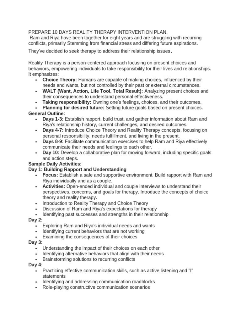 Yashvigala - Prepare 10 Days Reality Therapy Intervention Plan | PDF