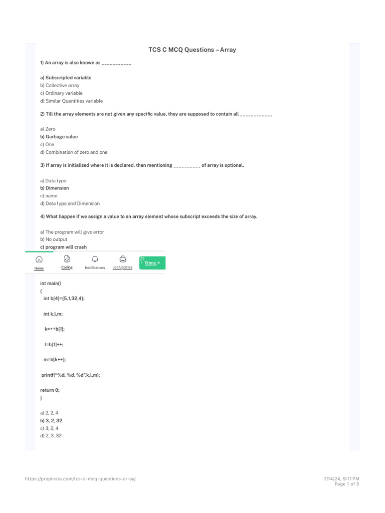 Tcs C MCQ Questions - Array Prep Insta | PDF