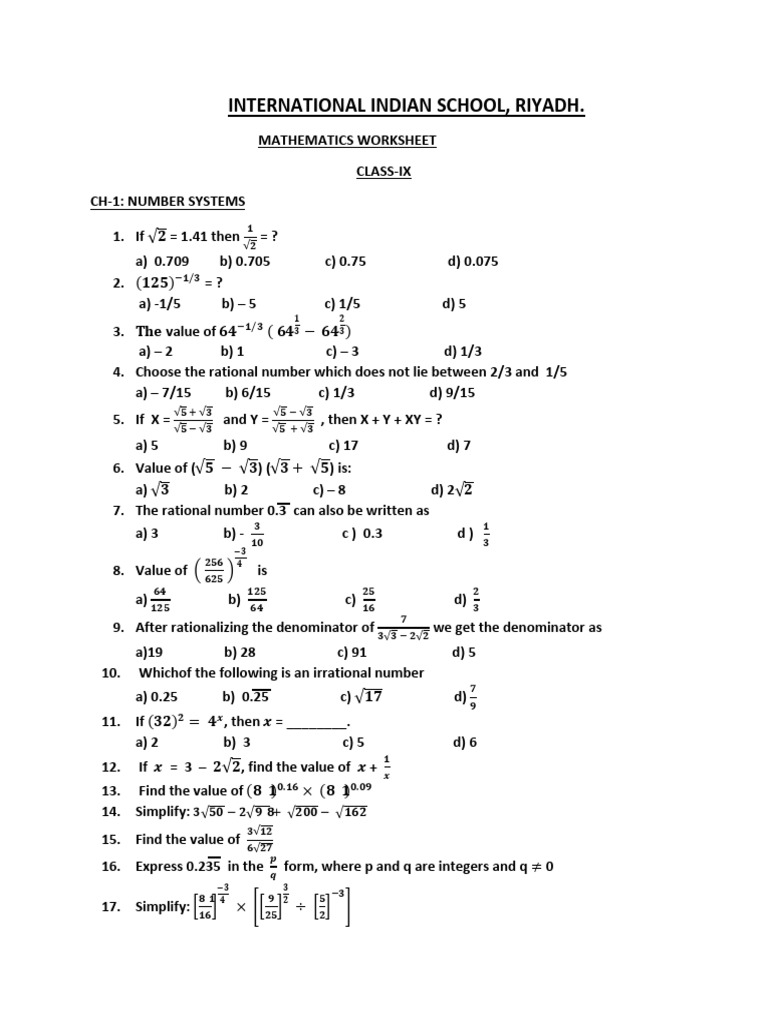 Class 9 Maths Worksheet: Number Systems | PDF | Factorization | Numbers