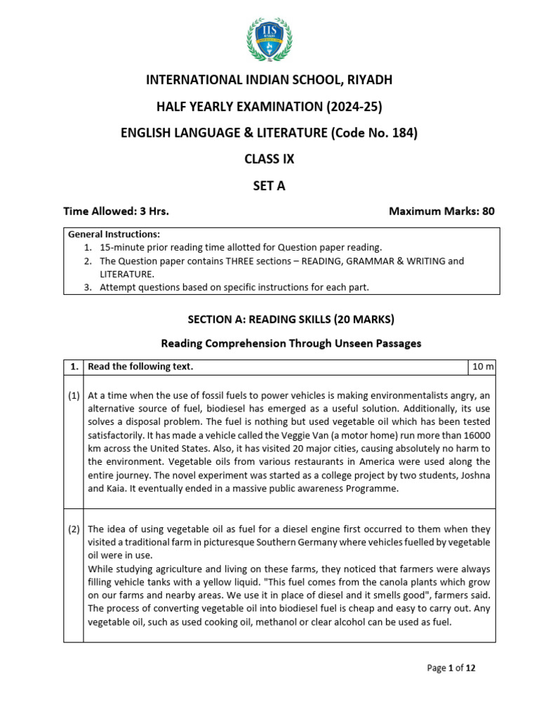 Grade 9 Half Yearly Paper 2024-25 SET A | PDF