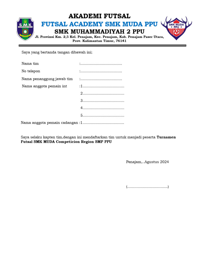 Form Pendaftaran Futsal Muda | PDF