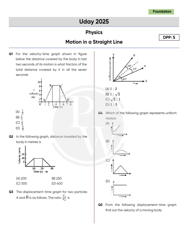 Motion in A Straight Line - DPP 05 (Of Lecture 07) - Uday 2025 | PDF