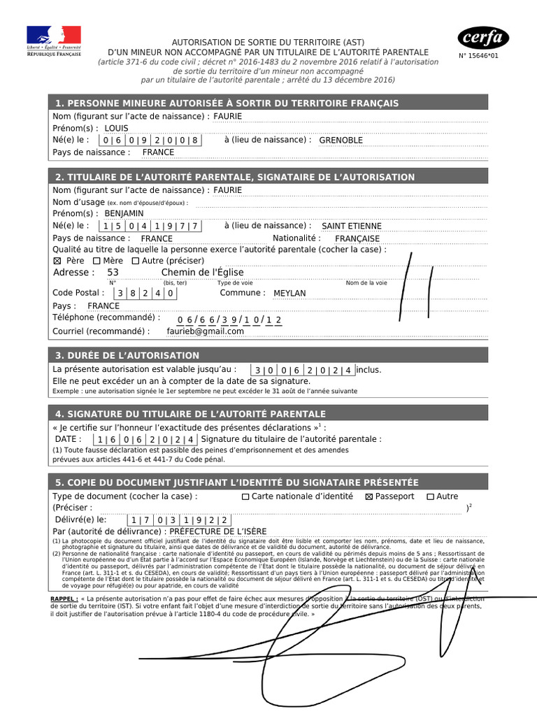Autorisation de Sortie Du Territoire (Ast) D'Un Mineur Non Accompagné Par Un Titulaire de L ...