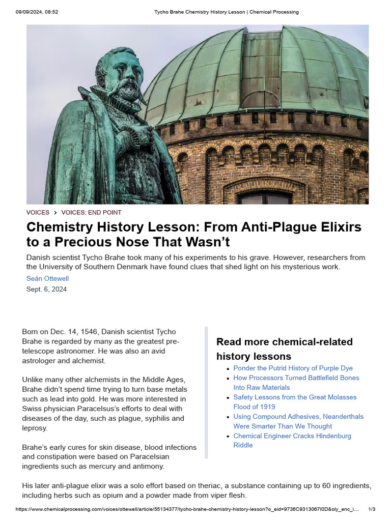 Tycho Brahe Chemistry History Lesson - Chemical Processing | PDF