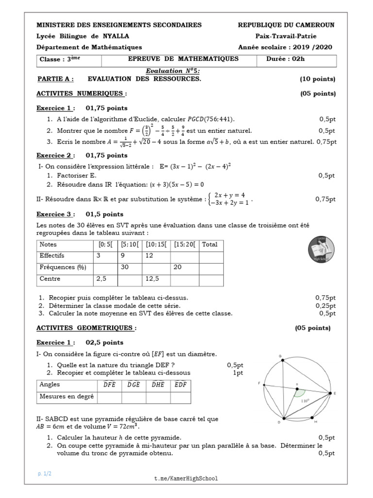 LycéeBNyalla Maths 3e Eval5 2020 | PDF