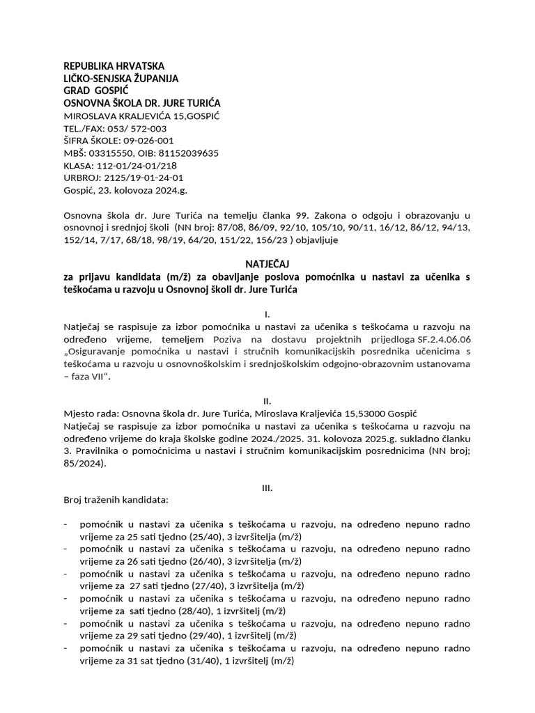 Natjecaj, Pomocnici U Nastavi, 23. 8. 2024. | PDF