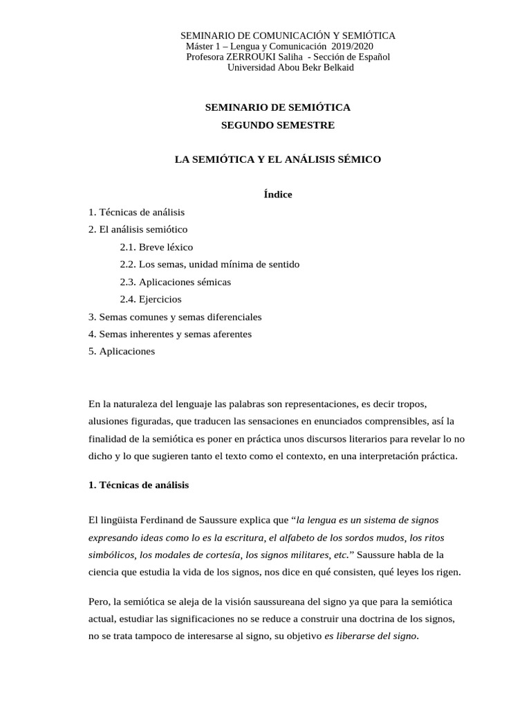 LA SEMIÓTICA Y EL ANÁLISIS SÉMICO Pr. ZERROUKI | PDF