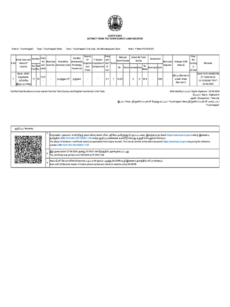 Certificate Extract From The Town Survey Land Register: URB/15/01/001 ...
