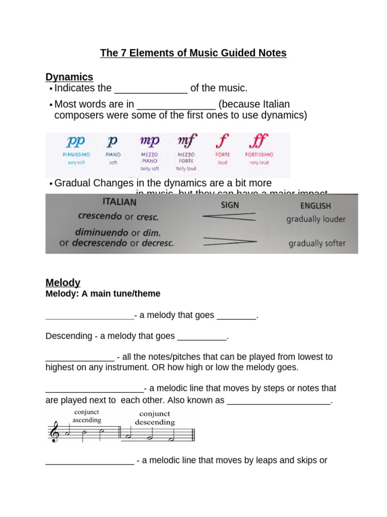 The 7 Elements of Music Guided Notes 2024 - 25 | PDF | Tempo | Language ...