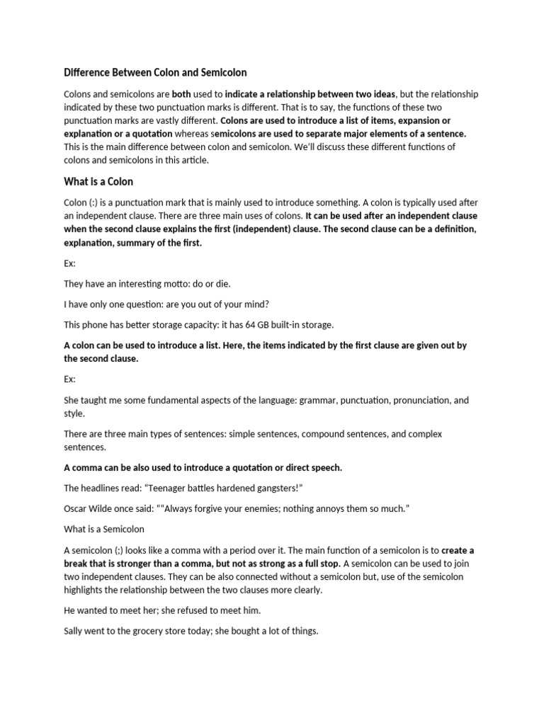 Difference Between Colon and Semicolon | PDF | Punctuation | Language ...
