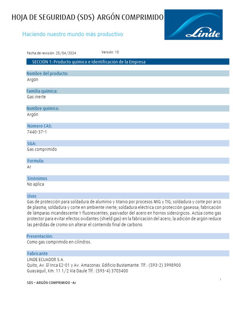 Argon Comprimido SDS | PDF