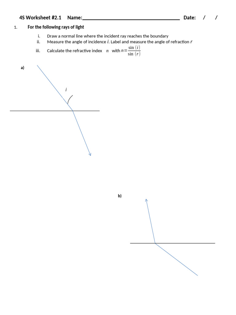 4S Worksheet #2.1 Refraction Ray Diagrams | PDF