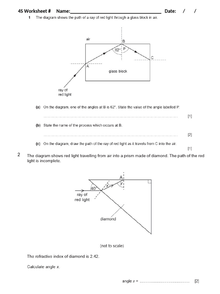 4S Worksheet #4 Refraction and Lenses Practice | PDF