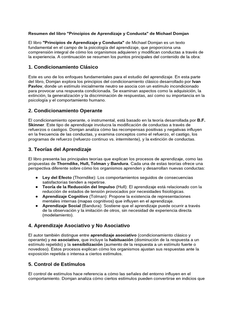 Resumen del libro Principios de Aprendizaje y Conducta_ de Michael ...