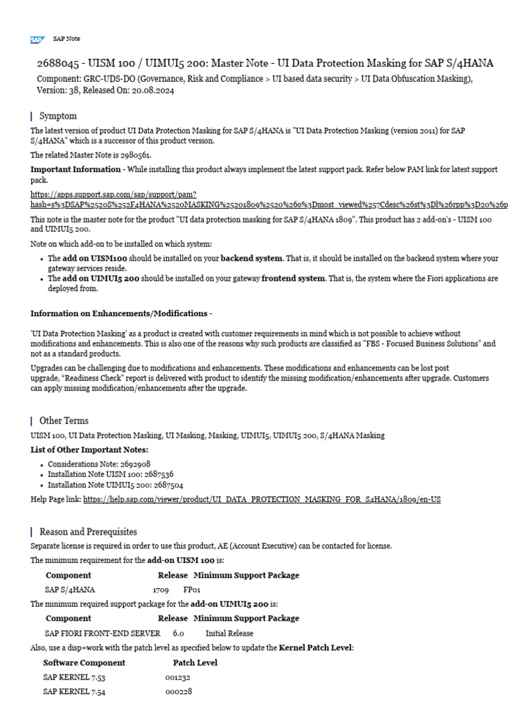 UISM 100 / UIMUI5 200: Master Note - UI Data Protection Masking For SAP ...