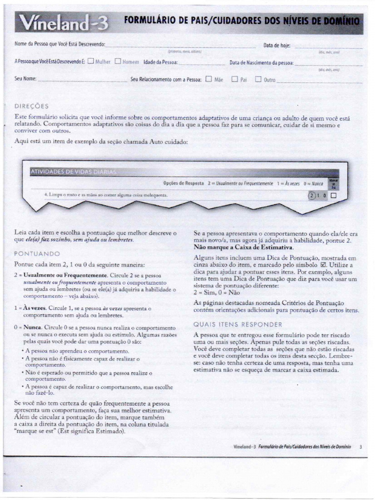 Vineland 3 - Formulário de Cuidadores Dos Níveis de Domínio | PDF