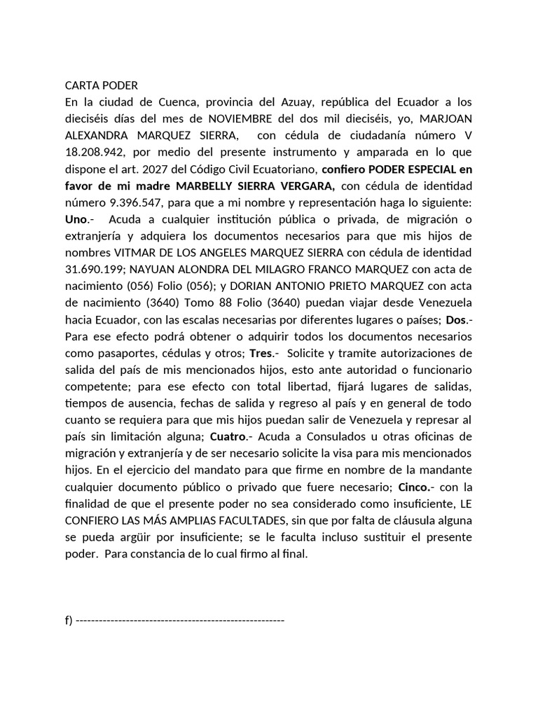 Carta Poder para Viaje desde Venezuela | PDF | Derecho
