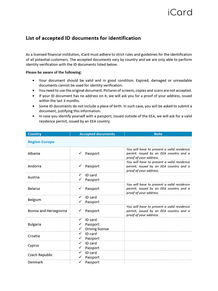 Icard List With Accepted Documents For Identification EN | PDF