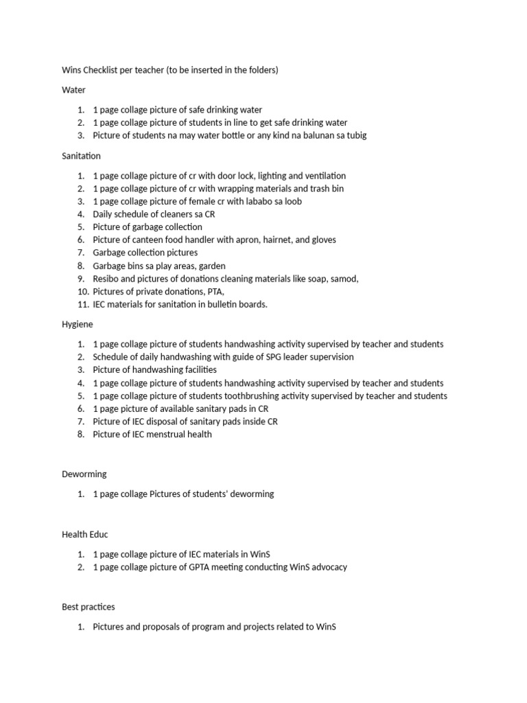 Wins Checklist per teacher | PDF