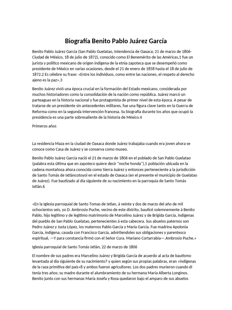 Biografía Benito Pablo Juárez García | PDF