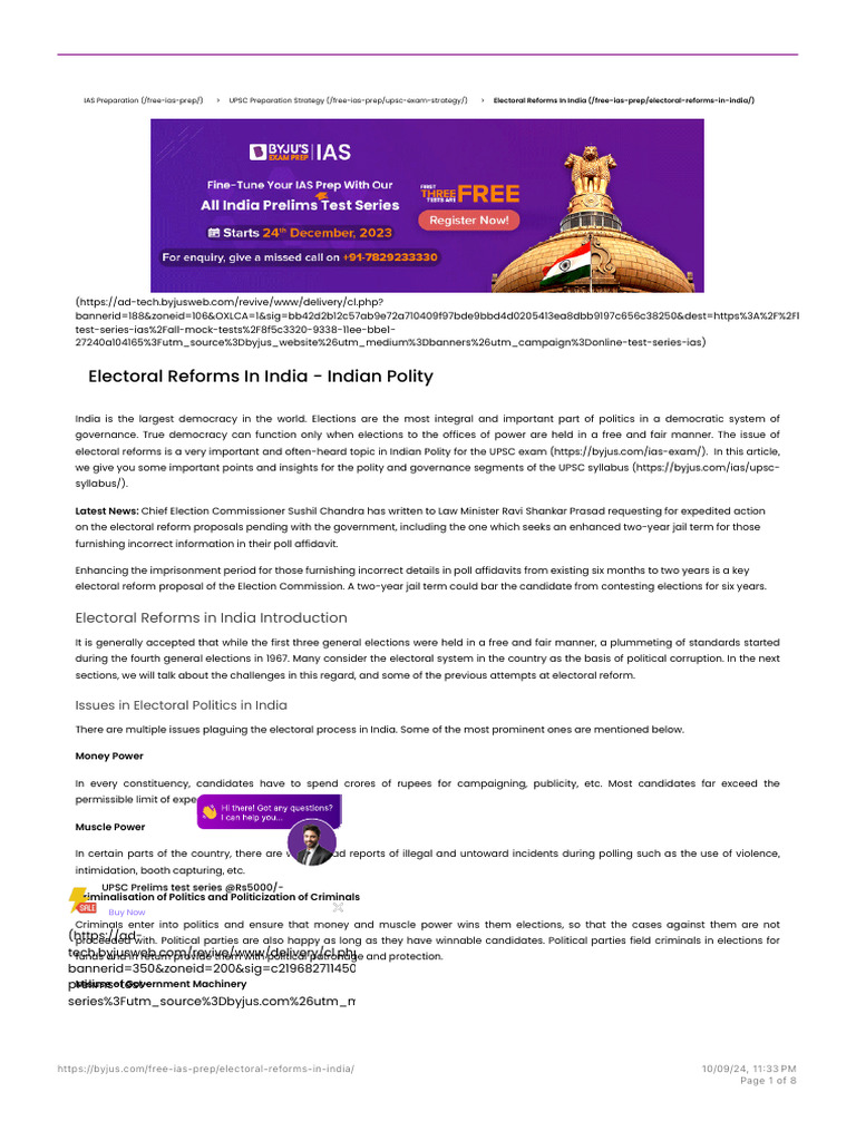 Electoral Reforms in India - Need For Electoral Reforms, Indian Polity ...