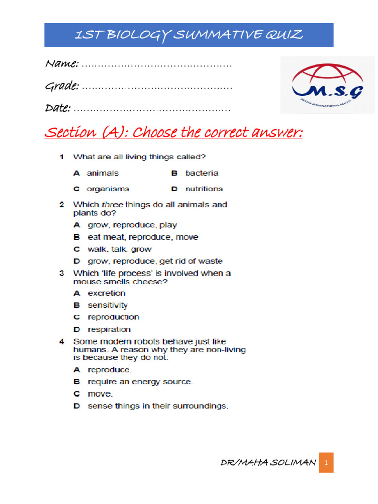 1st Biology Summative Quiz Guide | PDF | Science & Mathematics