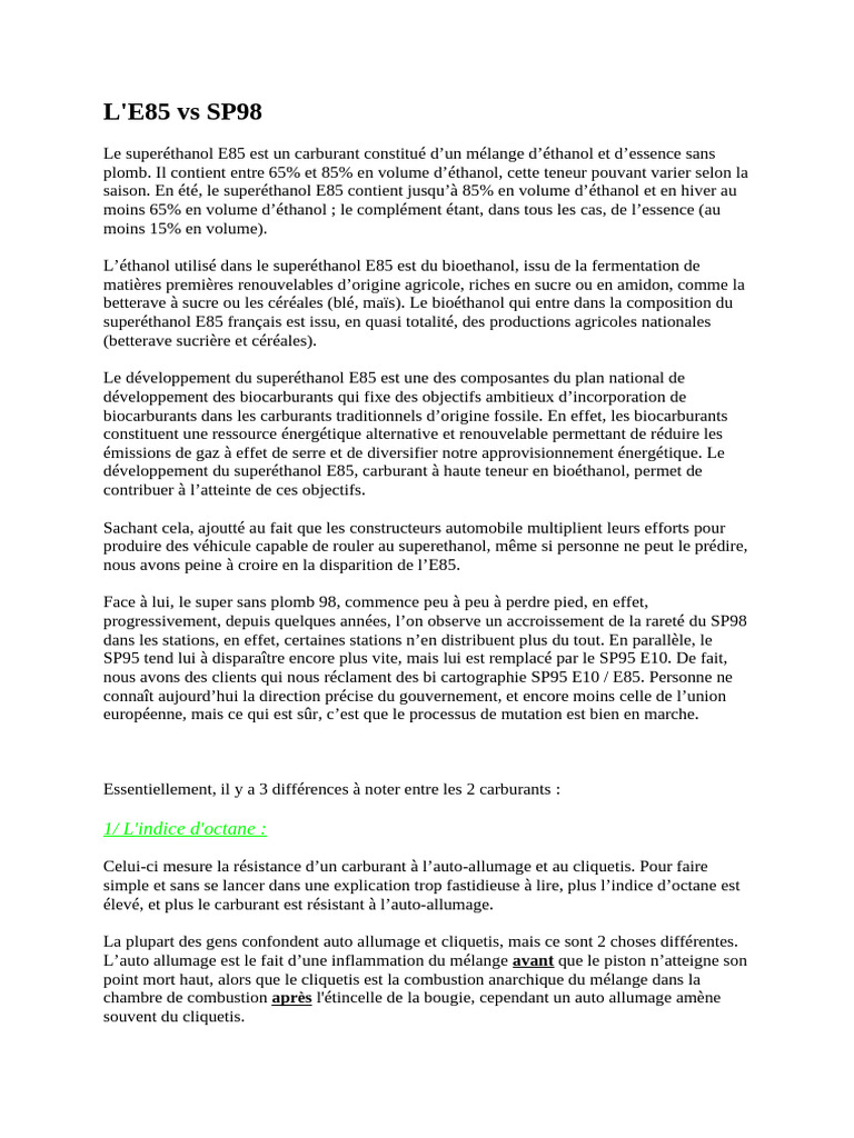 L'E85 Vs SP98: 1/ L'indice D'octane | PDF