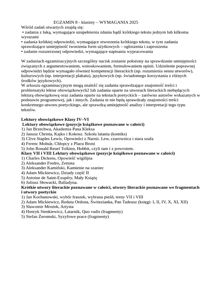 E8 WYMAGANIA, LEKTURY | PDF