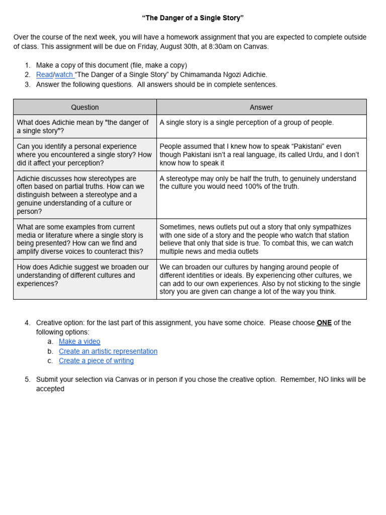 "The Danger of A Single Story" Assignment | PDF