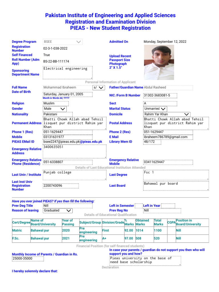 Pakistan Institute of Engineering and Applied Sciences Registration and ...