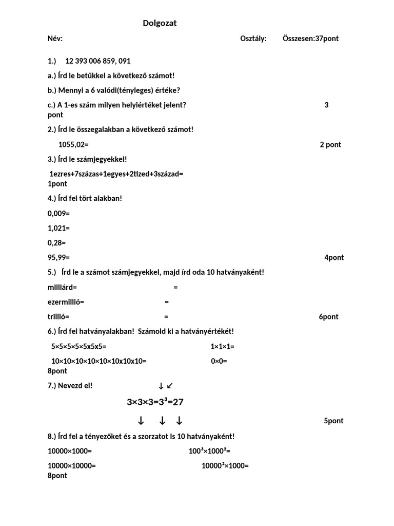 6.o. Matematika Dolgozat - Gyakorlás2 | PDF