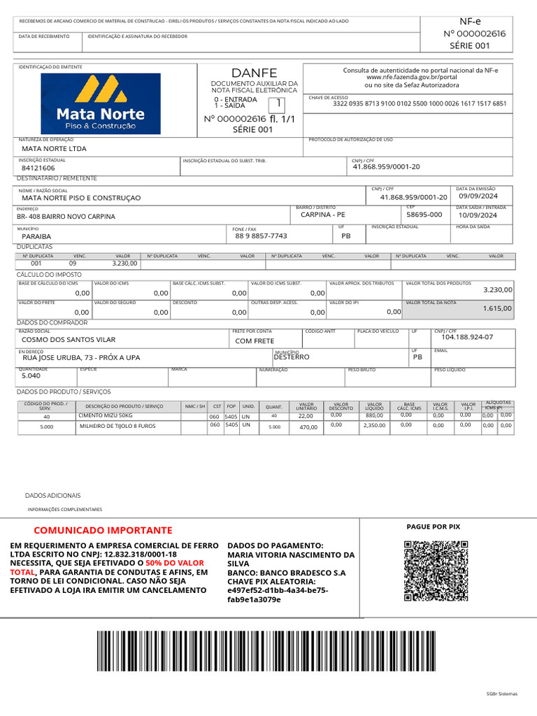 Nota Fiscal Mata Construção Cosmo Dos Santos Vilar PDF | PDF