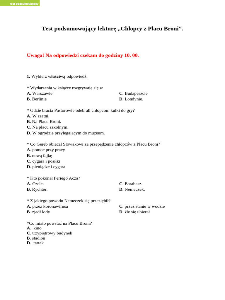 Test Z Lektury Chlopcy Z Placu Broni Klasa 5 Matematika 6 Liber