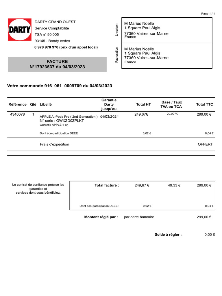 Facture Air Pods Pro 2 Génération | PDF