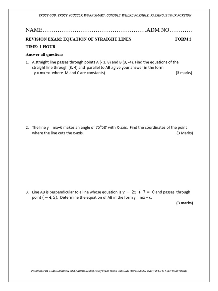 Kcse Revision Exam Equation of Straight Lines Brian F2 | PDF